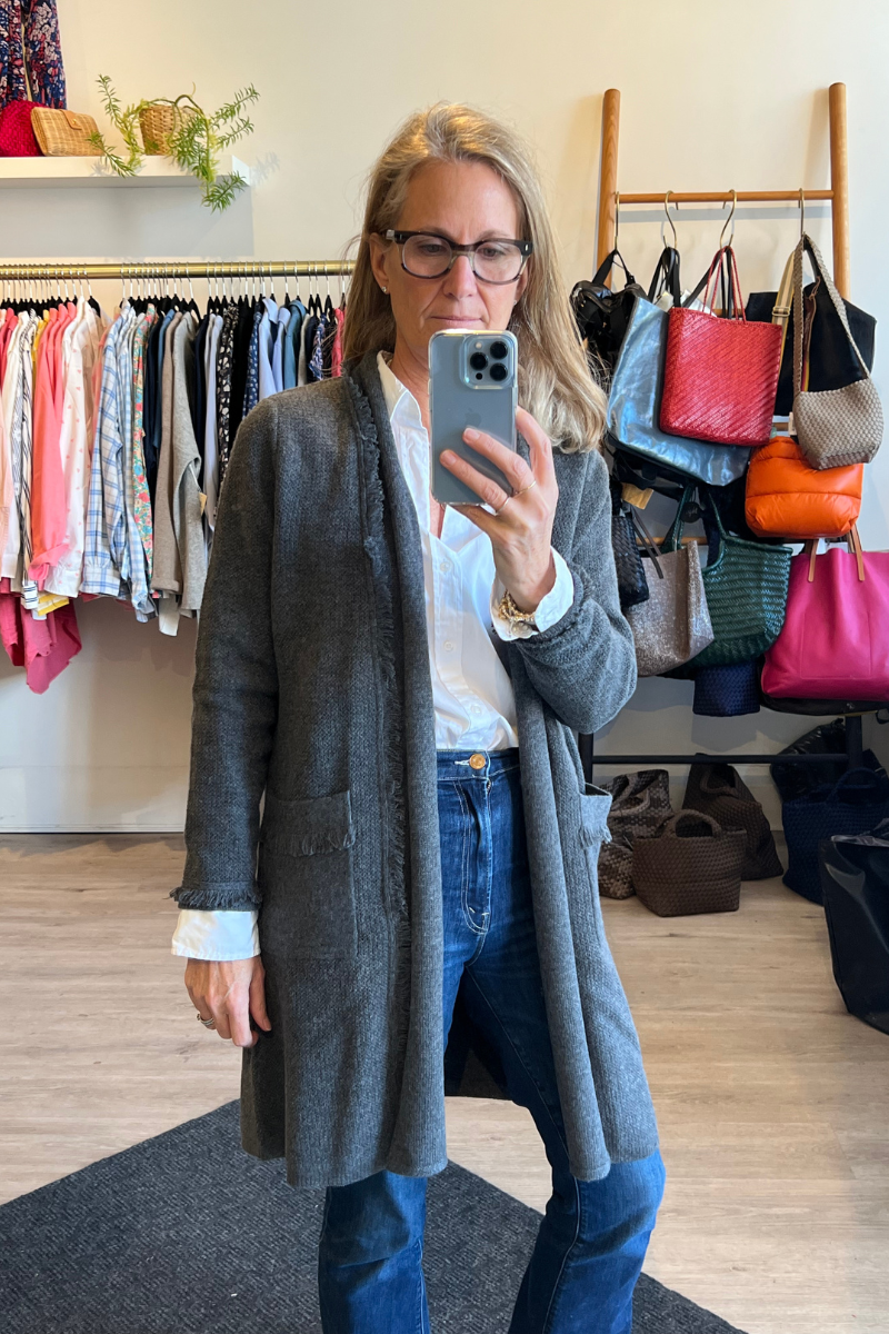 Cashmere Fringe Cardigan - Charcoal Korat – Snapdragon Designs
