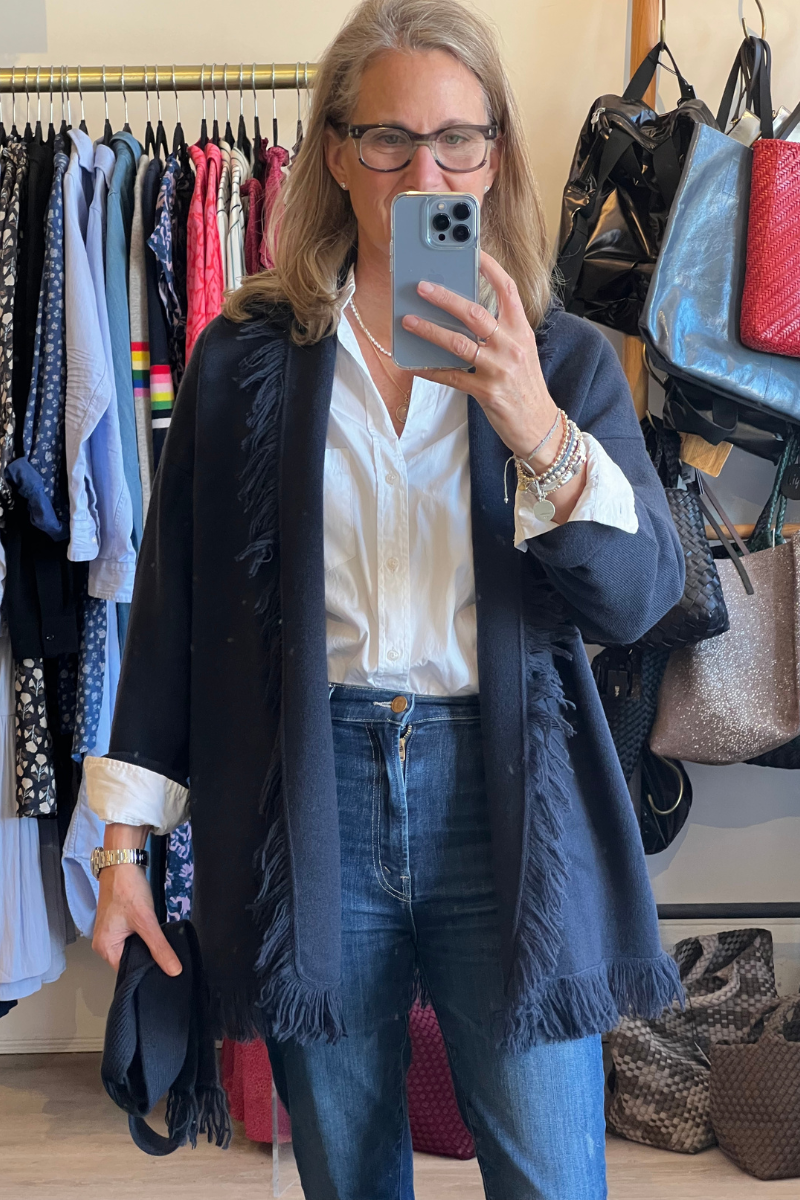 Fringe Belted Cardigan - Ink Blue – Snapdragon Designs