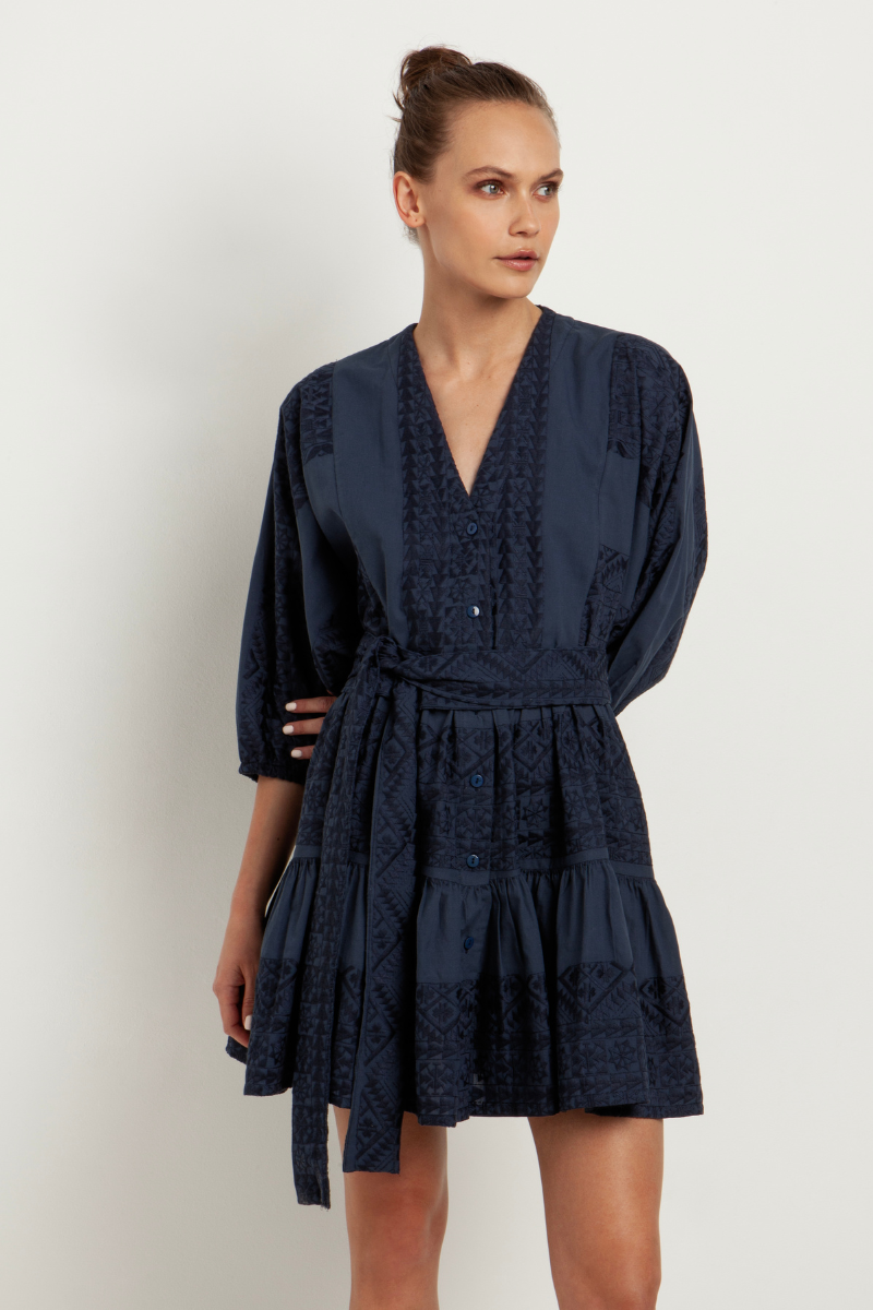 Greek Archaic Kori, Short Embroidered Dress- Navy – Snapdragon Designs
